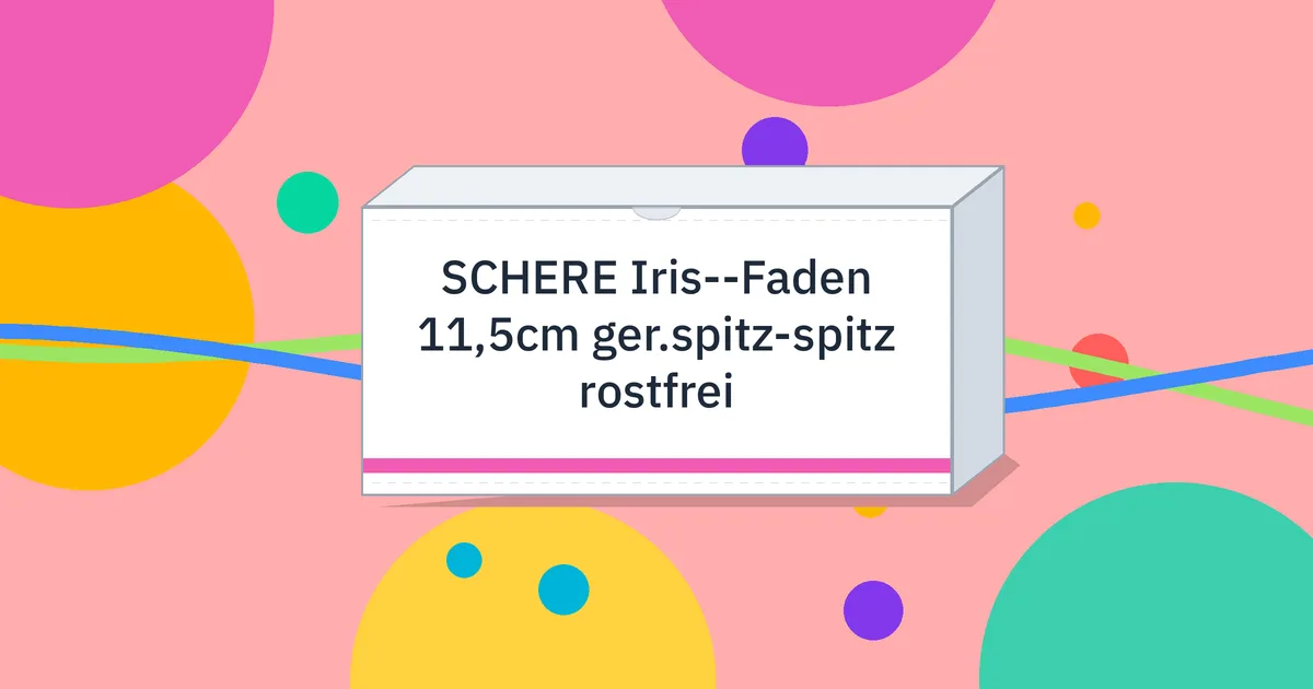 Symbolbild: Packung mit der Aufschrift SCHERE Iris--Faden 11,5cm ger.spitz-spitz rostfrei (PZN 20015943) – Verfügbarkeit und Bezug in Apotheken in Frankfurt am Main