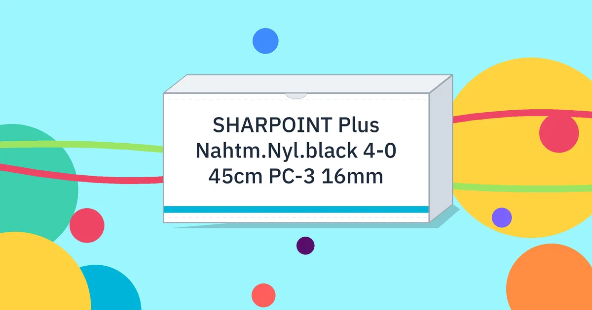 Symbolbild: Packung mit der Aufschrift SHARPOINT Plus Nahtm.Nyl.black 4-0 45cm PC-3 16mm (PZN 17984377) – Verfügbarkeit und Bezug in Apotheken in Frankfurt am Main