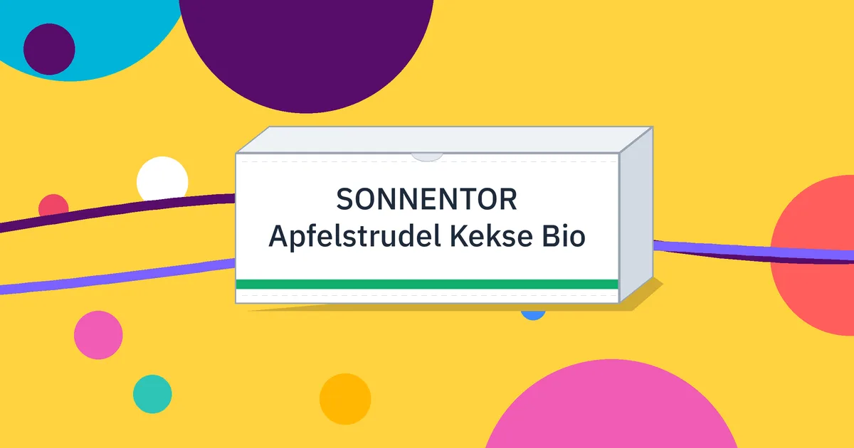 Symbolbild: Packung mit der Aufschrift SONNENTOR Apfelstrudel Kekse Bio (PZN 18903760) – Verfügbarkeit und Bezug in Apotheken in Frankfurt am Main