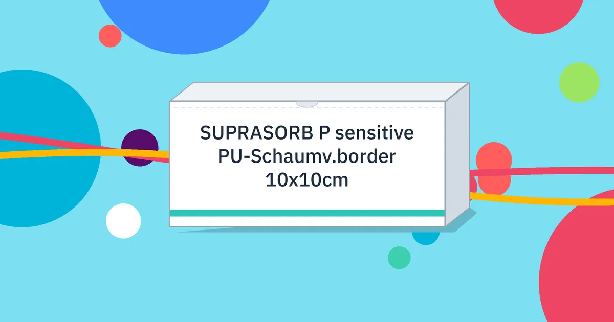 Symbolbild: Packung mit der Aufschrift SUPRASORB P sensitive PU-Schaumv.border 10x10cm (PZN 20276365) – Verfügbarkeit und Bezug in Apotheken in Frankfurt am Main
