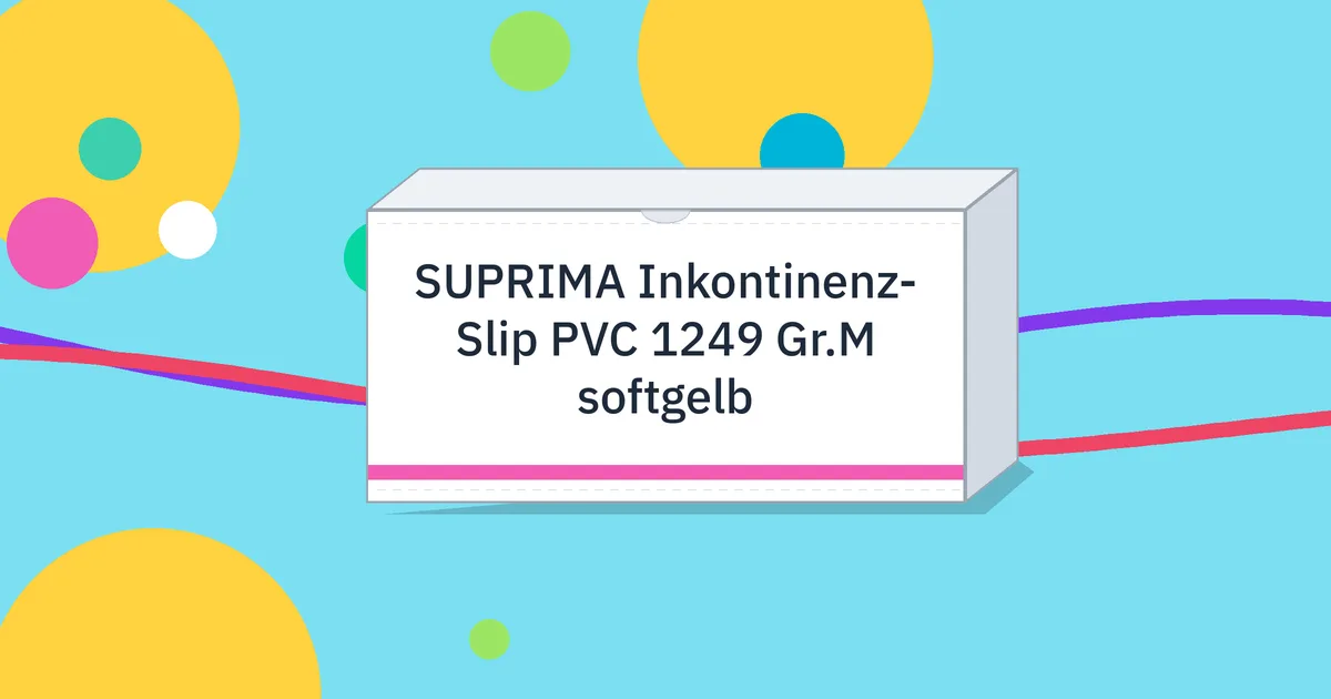 Symbolbild: Packung mit der Aufschrift SUPRIMA Inkontinenz-Slip PVC 1249 Gr.M softgelb (PZN 02061810) – Verfügbarkeit und Bezug in Apotheken in Frankfurt am Main