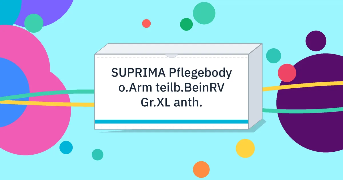 Symbolbild: Packung mit der Aufschrift SUPRIMA Pflegebody o.Arm teilb.BeinRV Gr.XL anth. (PZN 10710990) – Verfügbarkeit und Bezug in Apotheken in Frankfurt am Main