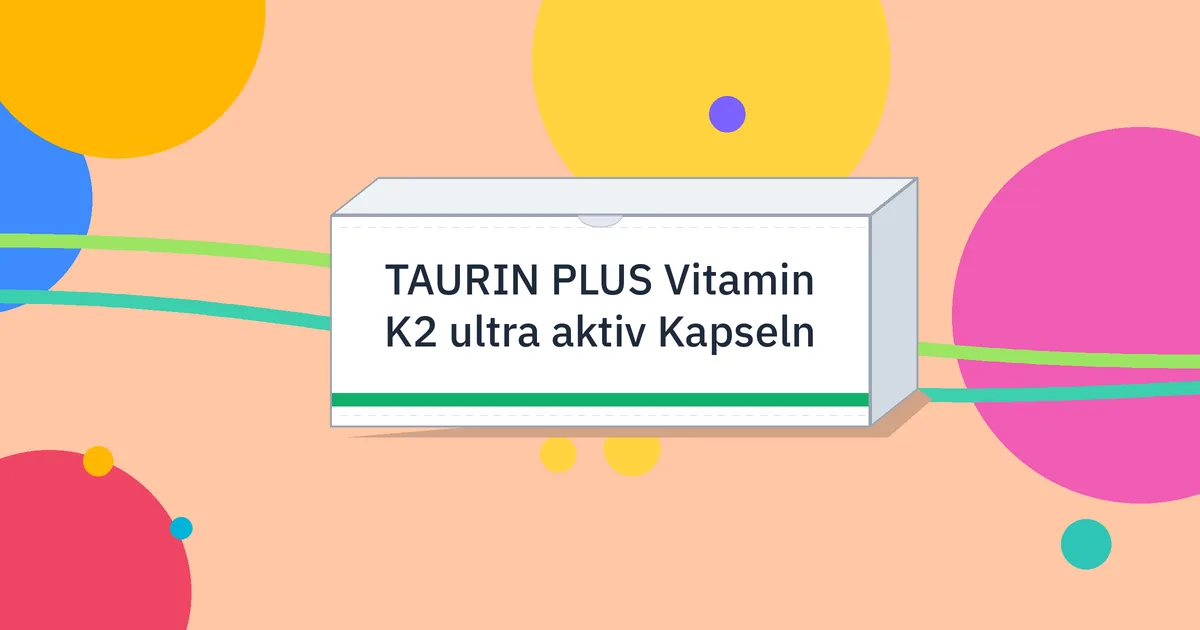 Symbolbild: Packung mit der Aufschrift TAURIN PLUS Vitamin K2 ultra aktiv Kapseln (PZN 18825445) – Verfügbarkeit und Bezug in Apotheken in Frankfurt am Main