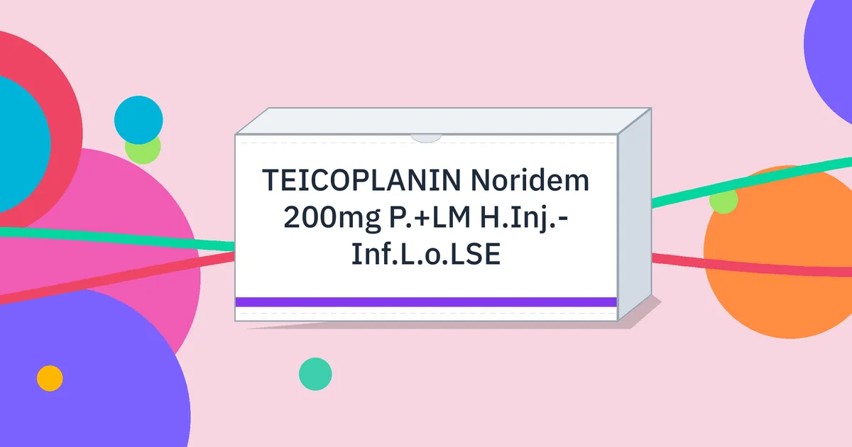Symbolbild: Packung mit der Aufschrift TEICOPLANIN Noridem 200mg P.+LM H.Inj.-Inf.L.o.LSE (PZN 11558805) – Verfügbarkeit und Bezug in Apotheken in Frankfurt am Main