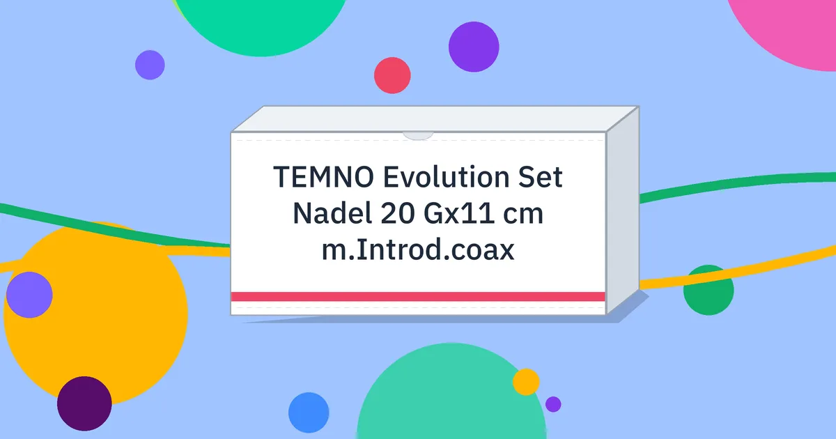 Symbolbild: Packung mit der Aufschrift TEMNO Evolution Set Nadel 20 Gx11 cm m.Introd.coax (PZN 18766085) – Verfügbarkeit und Bezug in Apotheken in Frankfurt am Main