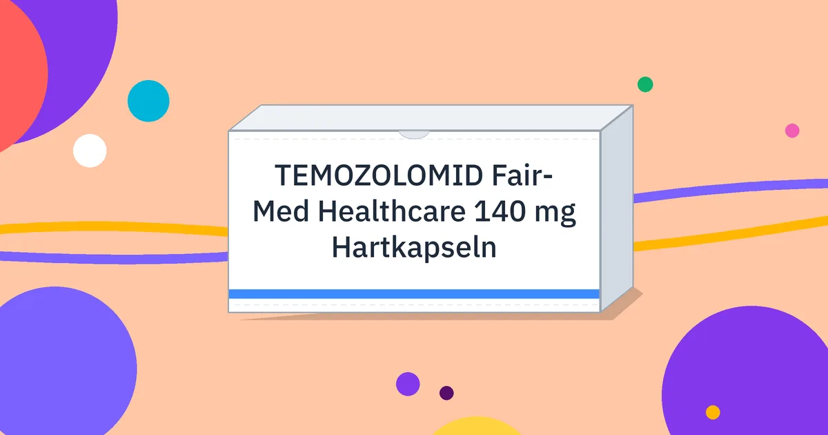 Symbolbild: Packung mit der Aufschrift TEMOZOLOMID Fair-Med Healthcare 140 mg Hartkapseln (PZN 14168022) – Verfügbarkeit und Bezug in Apotheken in Frankfurt am Main