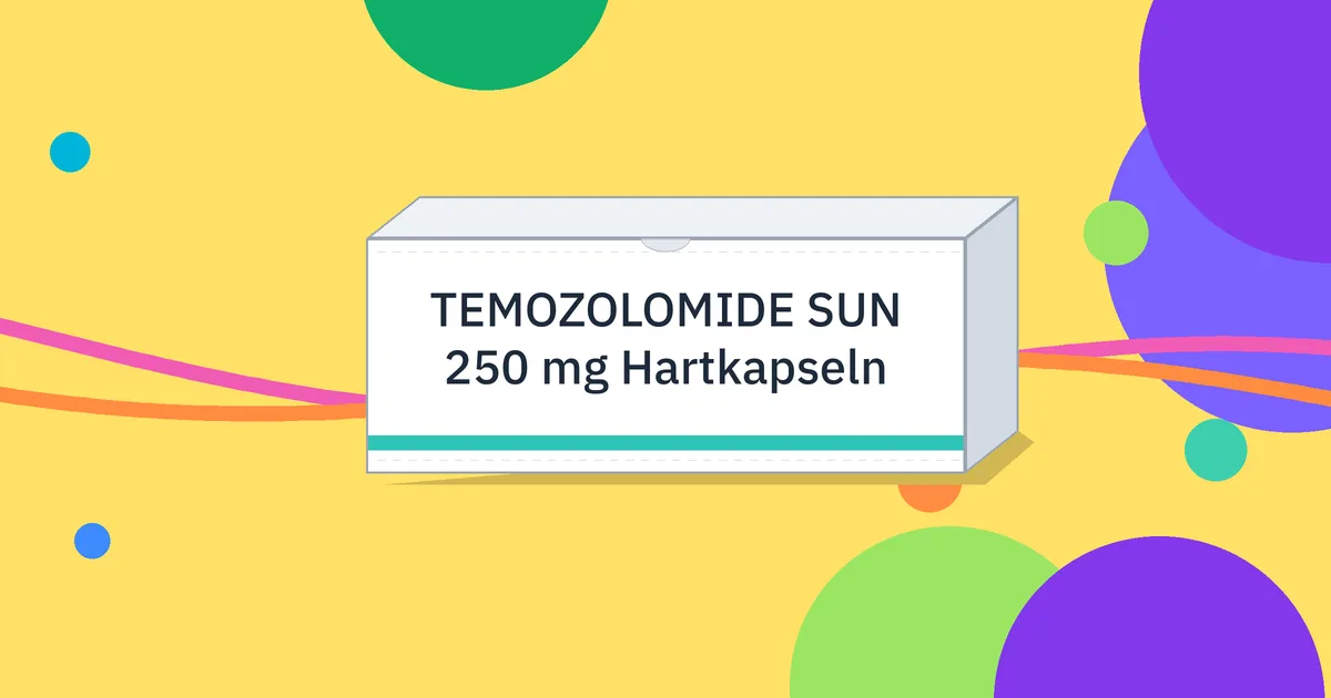 Symbolbild: Packung mit der Aufschrift TEMOZOLOMIDE SUN 250 mg Hartkapseln (PZN 16770036) – Verfügbarkeit und Bezug in Apotheken in Frankfurt am Main