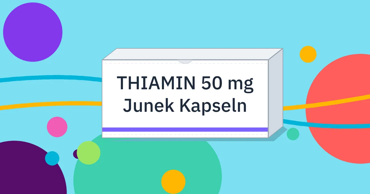 Symbolbild: Packung mit der Aufschrift THIAMIN 50 mg Junek Kapseln (PZN 20281679) – Verfügbarkeit und Bezug in Apotheken in Frankfurt am Main