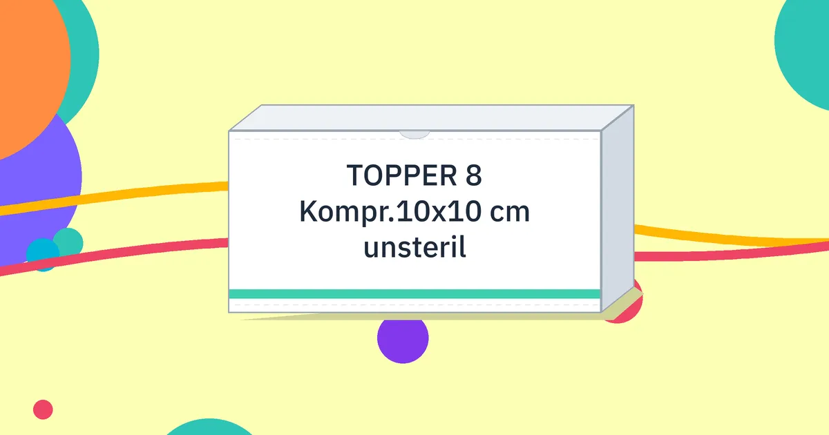 Symbolbild: Packung mit der Aufschrift TOPPER 8 Kompr.10x10 cm unsteril (PZN 18852962) – Verfügbarkeit und Bezug in Apotheken in Frankfurt am Main