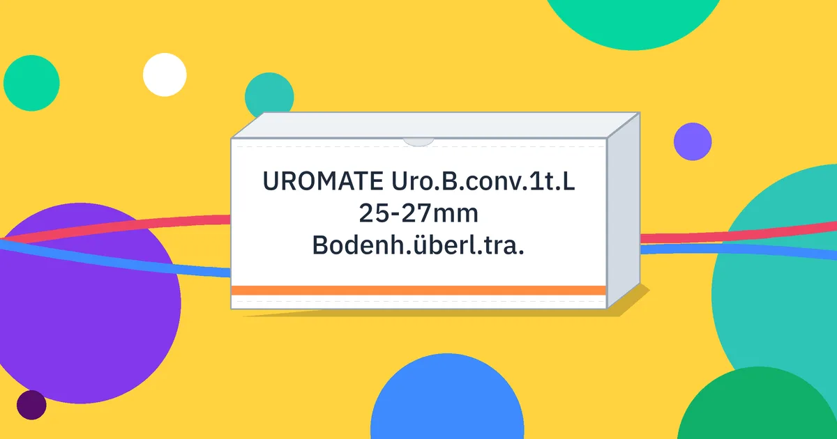 Symbolbild: Packung mit der Aufschrift UROMATE Uro.B.conv.1t.L 25-27mm Bodenh.überl.tra. (PZN 09713492) – Verfügbarkeit und Bezug in Apotheken in Frankfurt am Main