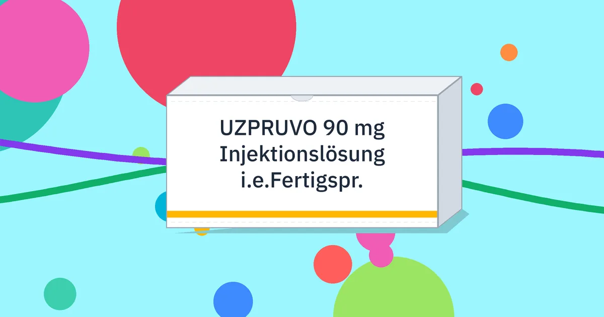 Symbolbild: Packung mit der Aufschrift UZPRUVO 90 mg Injektionslösung i.e.Fertigspr. (PZN 19889223) – Verfügbarkeit und Bezug in Apotheken in Frankfurt am Main