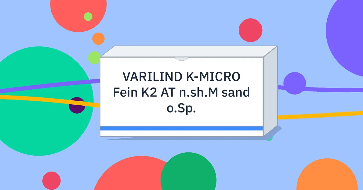 Symbolbild: Packung mit der Aufschrift VARILIND K-MICRO Fein K2 AT n.sh.M sand o.Sp. (PZN 20553132) – Verfügbarkeit und Bezug in Apotheken in Frankfurt am Main