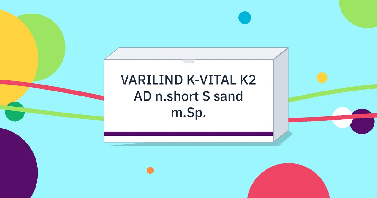 Symbolbild: Packung mit der Aufschrift VARILIND K-VITAL K2 AD n.short S sand m.Sp. (PZN 20567358) – Verfügbarkeit und Bezug in Apotheken in Frankfurt am Main