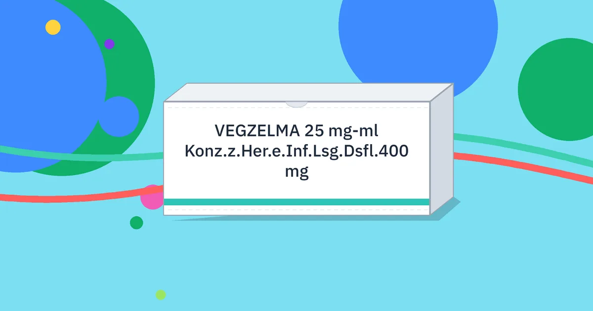 Symbolbild: Packung mit der Aufschrift VEGZELMA 25 mg-ml Konz.z.Her.e.Inf.Lsg.Dsfl.400 mg (PZN 19495197) – Verfügbarkeit und Bezug in Apotheken in Frankfurt am Main