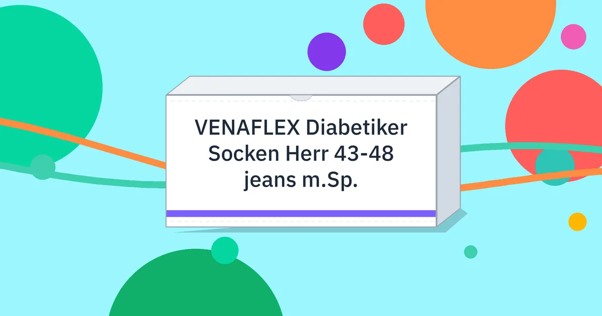 Symbolbild: Packung mit der Aufschrift VENAFLEX Diabetiker Socken Herr 43-48 jeans m.Sp. (PZN 18309376) – Verfügbarkeit und Bezug in Apotheken in Frankfurt am Main
