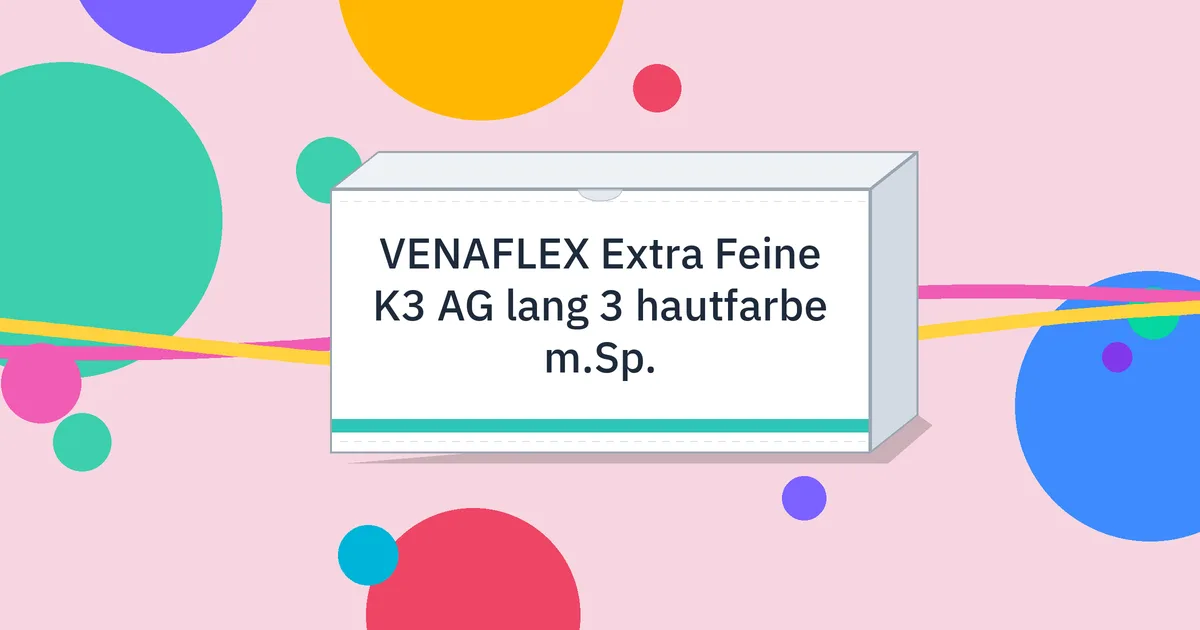 Symbolbild: Packung mit der Aufschrift VENAFLEX Extra Feine K3 AG lang 3 hautfarbe m.Sp. (PZN 18307791) – Verfügbarkeit und Bezug in Apotheken in Frankfurt am Main