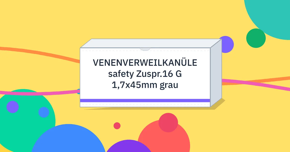 Symbolbild: Packung mit der Aufschrift VENENVERWEILKANÜLE safety Zuspr.16 G 1,7x45mm grau (PZN 18717810) – Verfügbarkeit und Bezug in Apotheken in Frankfurt am Main