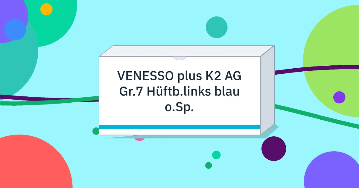 Symbolbild: Packung mit der Aufschrift VENESSO plus K2 AG Gr.7 Hüftb.links blau o.Sp. (PZN 03301133) – Verfügbarkeit und Bezug in Apotheken in Frankfurt am Main