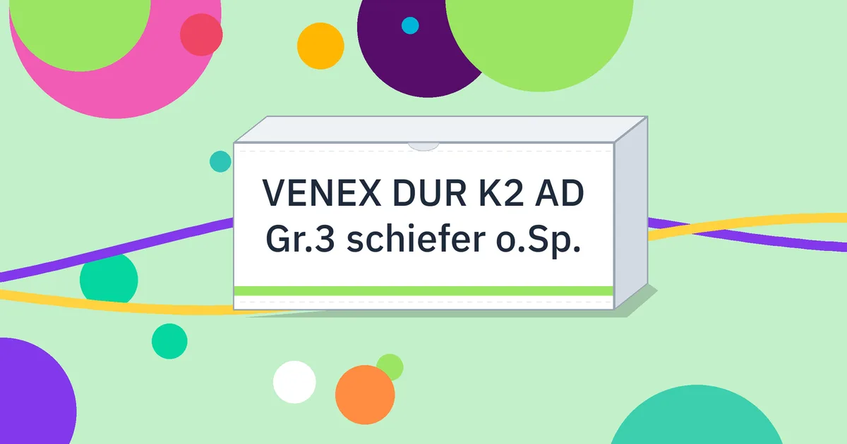 Symbolbild: Packung mit der Aufschrift VENEX DUR K2 AD Gr.3 schiefer o.Sp. (PZN 03211921) – Verfügbarkeit und Bezug in Apotheken in Frankfurt am Main