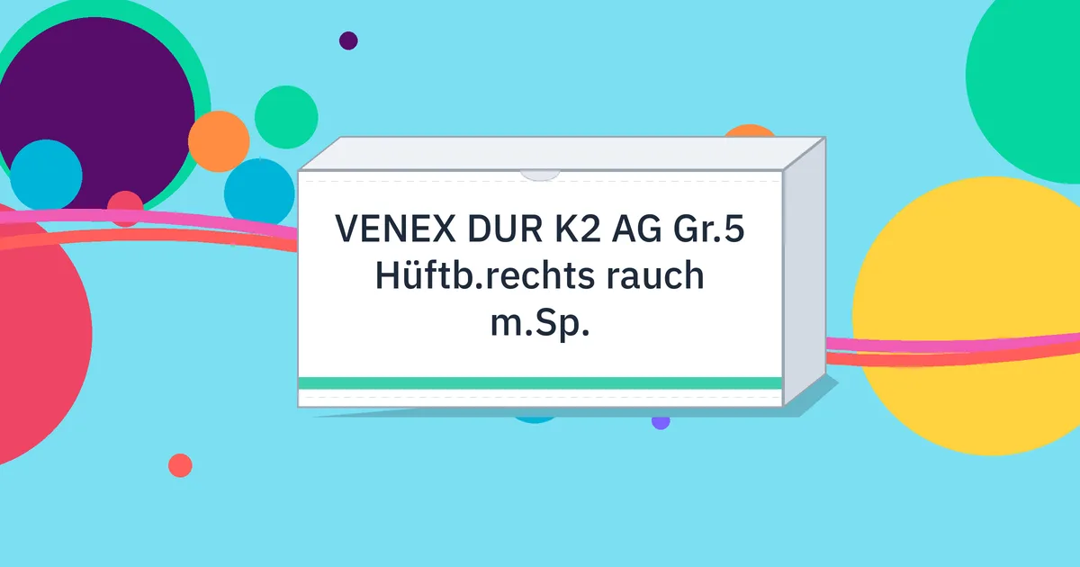 Symbolbild: Packung mit der Aufschrift VENEX DUR K2 AG Gr.5 Hüftb.rechts rauch m.Sp. (PZN 03228235) – Verfügbarkeit und Bezug in Apotheken in Frankfurt am Main