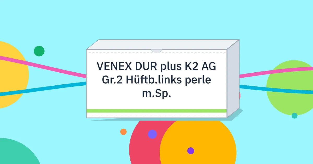 Symbolbild: Packung mit der Aufschrift VENEX DUR plus K2 AG Gr.2 Hüftb.links perle m.Sp. (PZN 03237553) – Verfügbarkeit und Bezug in Apotheken in Frankfurt am Main