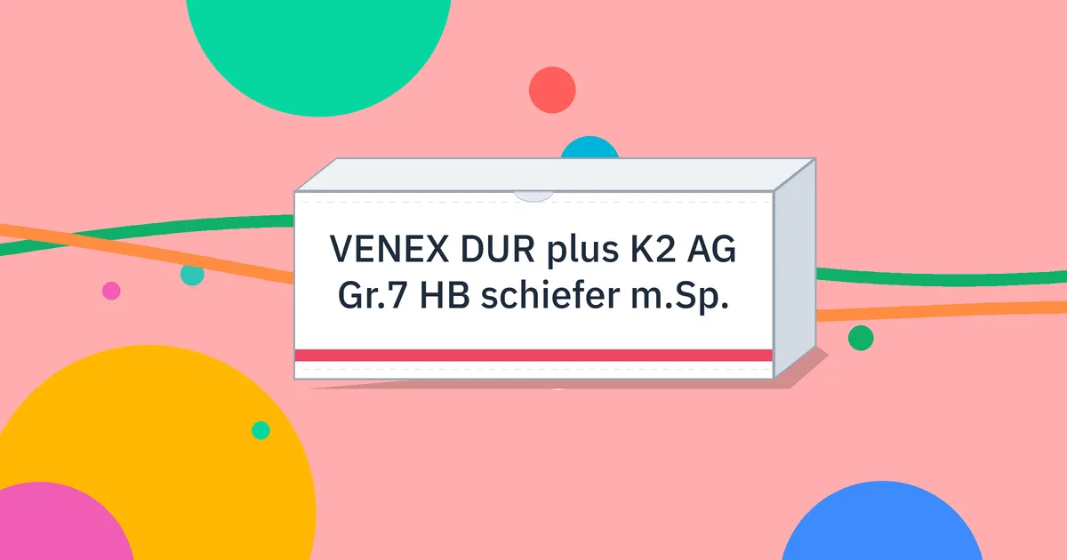 Symbolbild: Packung mit der Aufschrift VENEX DUR plus K2 AG Gr.7 HB schiefer m.Sp. (PZN 03236743) – Verfügbarkeit und Bezug in Apotheken in Frankfurt am Main
