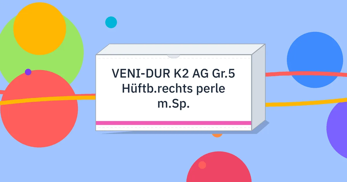 Symbolbild: Packung mit der Aufschrift VENI-DUR K2 AG Gr.5 Hüftb.rechts perle m.Sp. (PZN 03248692) – Verfügbarkeit und Bezug in Apotheken in Frankfurt am Main