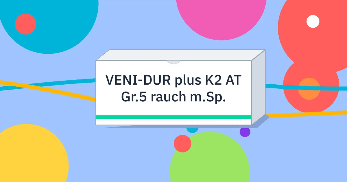 Symbolbild: Packung mit der Aufschrift VENI-DUR plus K2 AT Gr.5 rauch m.Sp. (PZN 03255172) – Verfügbarkeit und Bezug in Apotheken in Frankfurt am Main