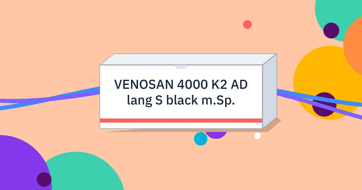 Symbolbild: Packung mit der Aufschrift VENOSAN 4000 K2 AD lang S black m.Sp. (PZN 14427162) – Verfügbarkeit und Bezug in Apotheken in Frankfurt am Main