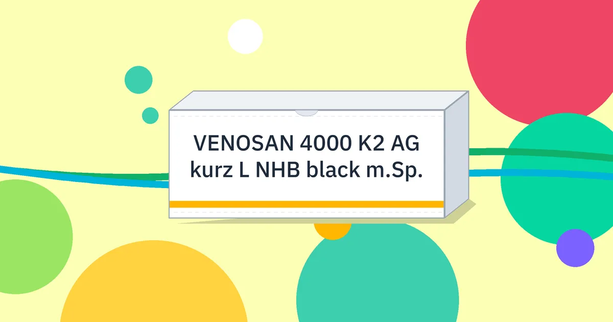 Symbolbild: Packung mit der Aufschrift VENOSAN 4000 K2 AG kurz L NHB black m.Sp. (PZN 14427972) – Verfügbarkeit und Bezug in Apotheken in Frankfurt am Main