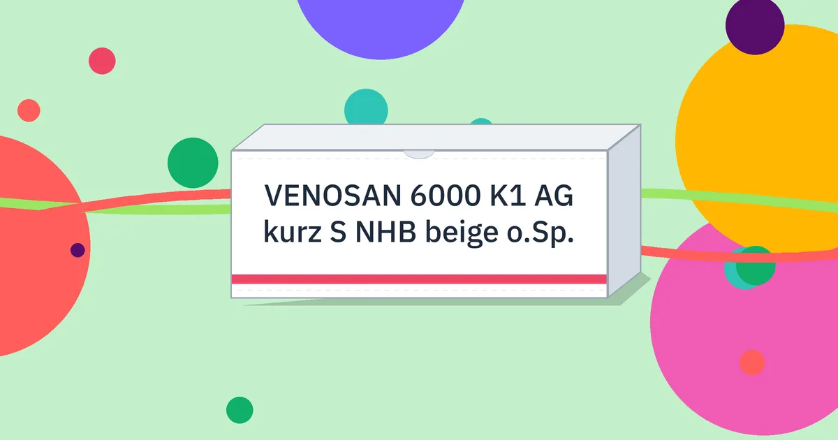 Symbolbild: Packung mit der Aufschrift VENOSAN 6000 K1 AG kurz S NHB beige o.Sp. (PZN 17171473) – Verfügbarkeit und Bezug in Apotheken in Frankfurt am Main