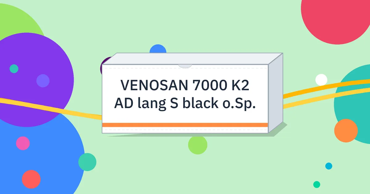 Symbolbild: Packung mit der Aufschrift VENOSAN 7000 K2 AD lang S black o.Sp. (PZN 14435500) – Verfügbarkeit und Bezug in Apotheken in Frankfurt am Main