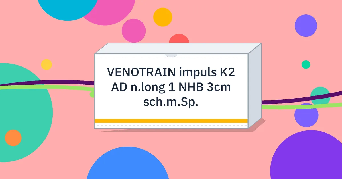 Symbolbild: Packung mit der Aufschrift VENOTRAIN impuls K2 AD n.long 1 NHB 3cm sch.m.Sp. (PZN 00651192) – Verfügbarkeit und Bezug in Apotheken in Frankfurt am Main