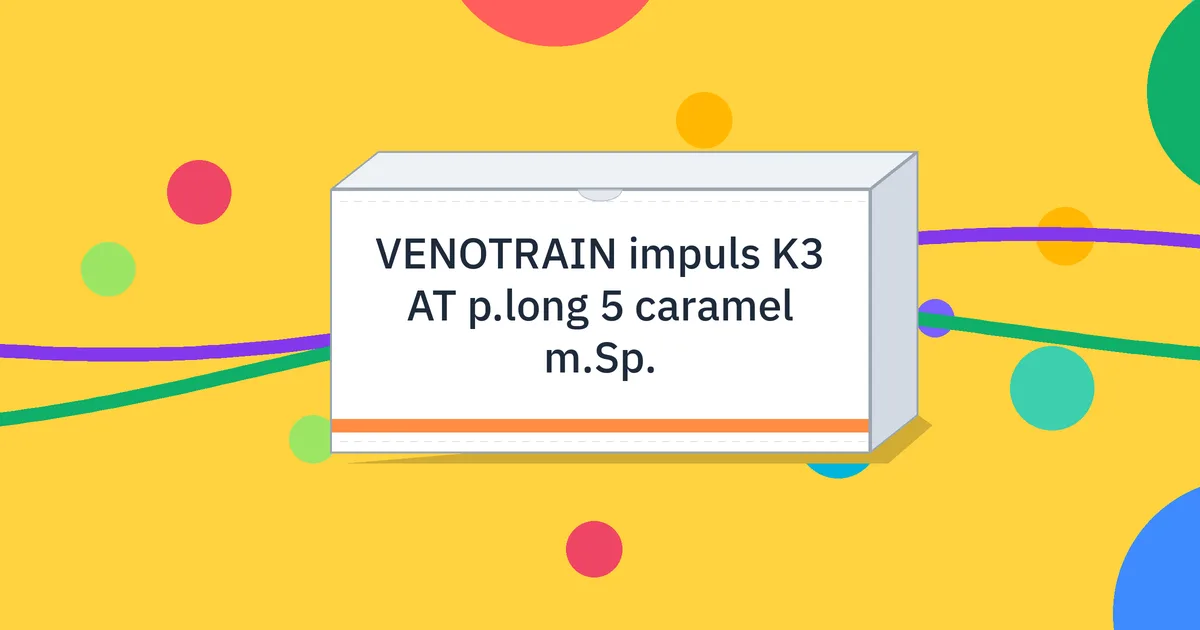 Symbolbild: Packung mit der Aufschrift VENOTRAIN impuls K3 AT p.long 5 caramel m.Sp. (PZN 19355119) – Verfügbarkeit und Bezug in Apotheken in Frankfurt am Main
