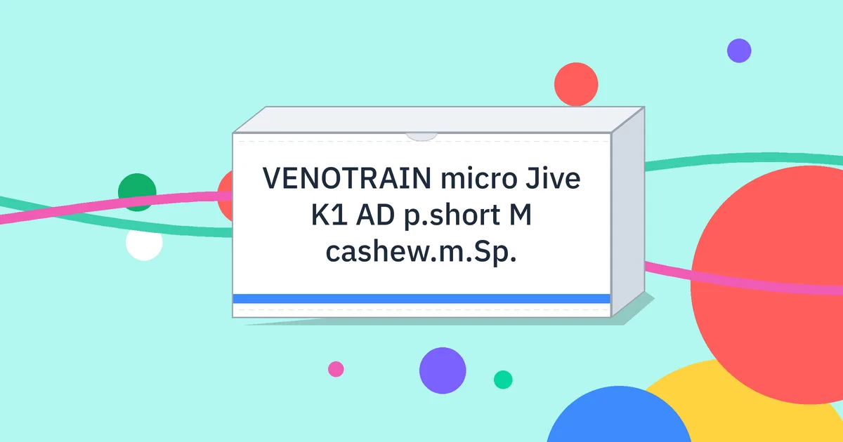 Symbolbild: Packung mit der Aufschrift VENOTRAIN micro Jive K1 AD p.short M cashew.m.Sp. (PZN 20768281) – Verfügbarkeit und Bezug in Apotheken in Frankfurt am Main