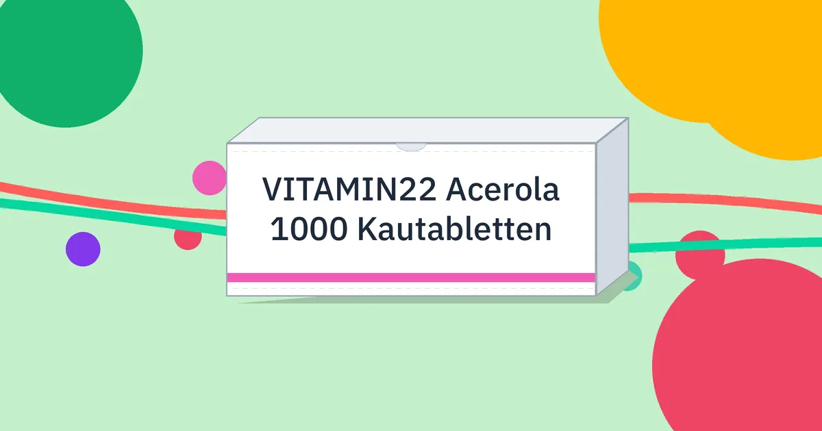Symbolbild: Packung mit der Aufschrift VITAMIN22 Acerola 1000 Kautabletten (PZN 15387921) – Verfügbarkeit und Bezug in Apotheken in Frankfurt am Main