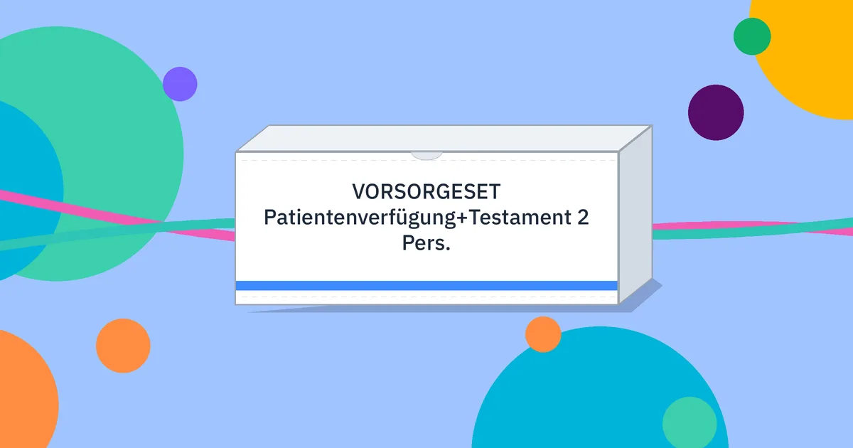 Symbolbild: Packung mit der Aufschrift VORSORGESET Patientenverfügung+Testament 2 Pers. (PZN 19923316) – Verfügbarkeit und Bezug in Apotheken in Frankfurt am Main