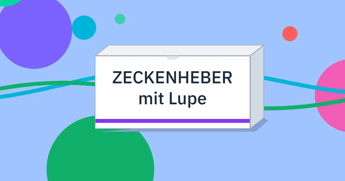 Symbolbild: Packung mit der Aufschrift ZECKENHEBER mit Lupe (PZN 01128512) – Verfügbarkeit und Bezug in Apotheken in Frankfurt am Main