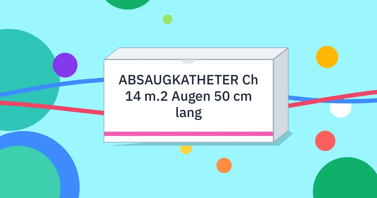 Symbolbild: Packung mit der Aufschrift ABSAUGKATHETER Ch 14 m.2 Augen 50 cm lang (PZN 02412132) – Verfügbarkeit und Bezug in Apotheken in Frankfurt am Main