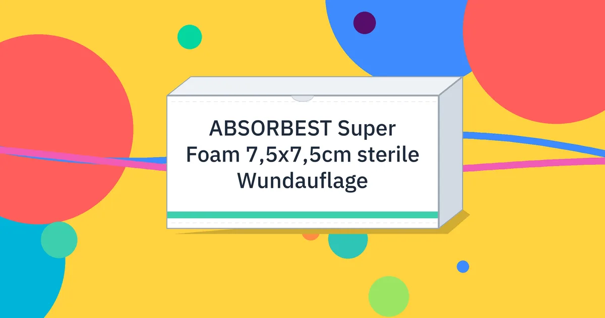 Symbolbild: Packung mit der Aufschrift ABSORBEST Super Foam 7,5x7,5cm sterile Wundauflage (PZN 19635600) – Verfügbarkeit und Bezug in Apotheken in Frankfurt am Main