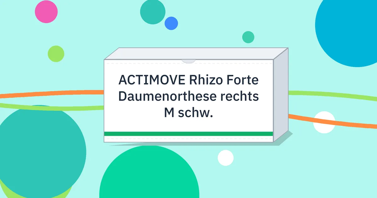 Symbolbild: Packung mit der Aufschrift ACTIMOVE Rhizo Forte Daumenorthese rechts M schw. (PZN 18017538) – Verfügbarkeit und Bezug in Apotheken in Frankfurt am Main