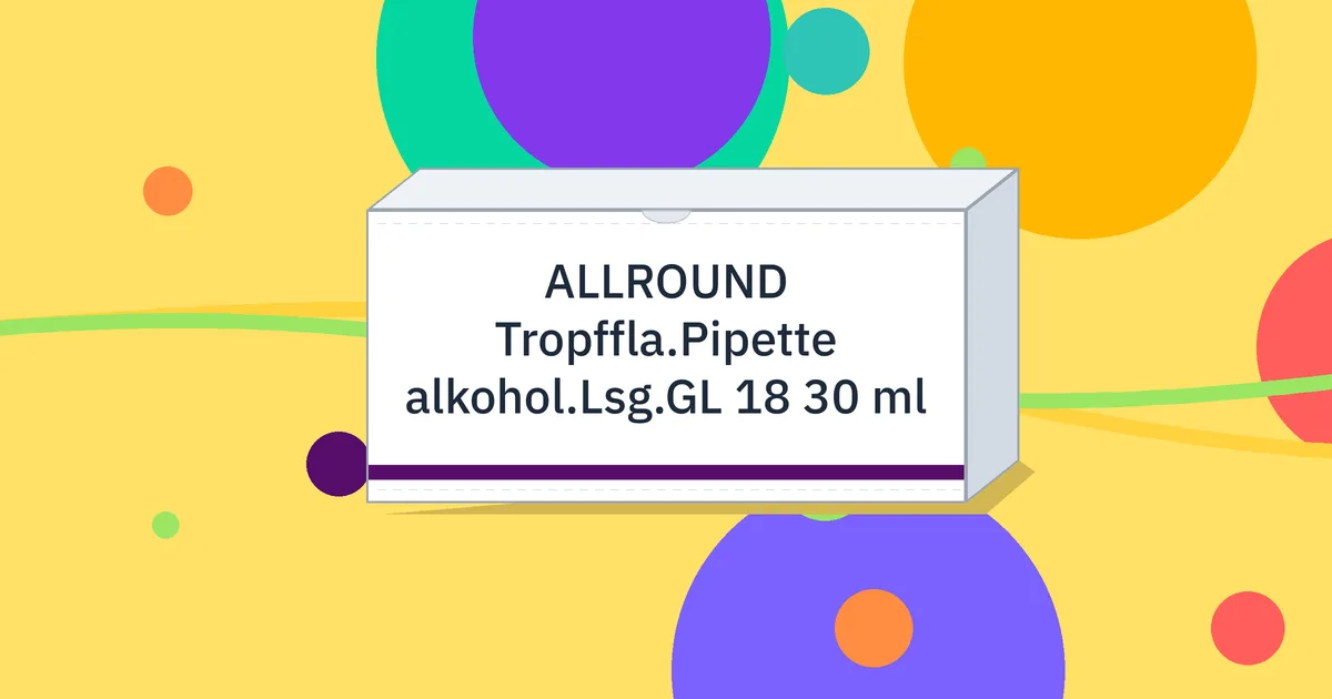 Symbolbild: Packung mit der Aufschrift ALLROUND Tropffla.Pipette alkohol.Lsg.GL 18 30 ml (PZN 18015189) – Verfügbarkeit und Bezug in Apotheken in Frankfurt am Main