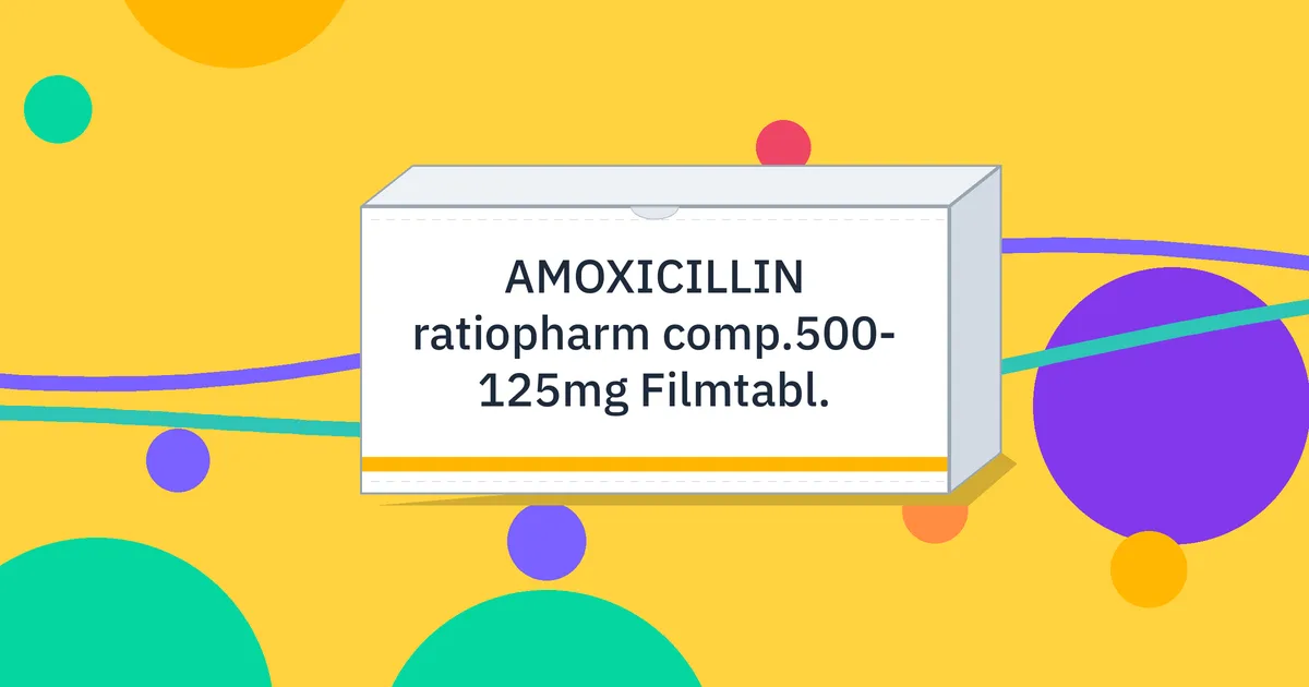 Symbolbild: Packung mit der Aufschrift AMOXICILLIN ratiopharm comp.500-125mg Filmtabl. (PZN 05977202) – Verfügbarkeit und Bezug in Apotheken in Frankfurt am Main