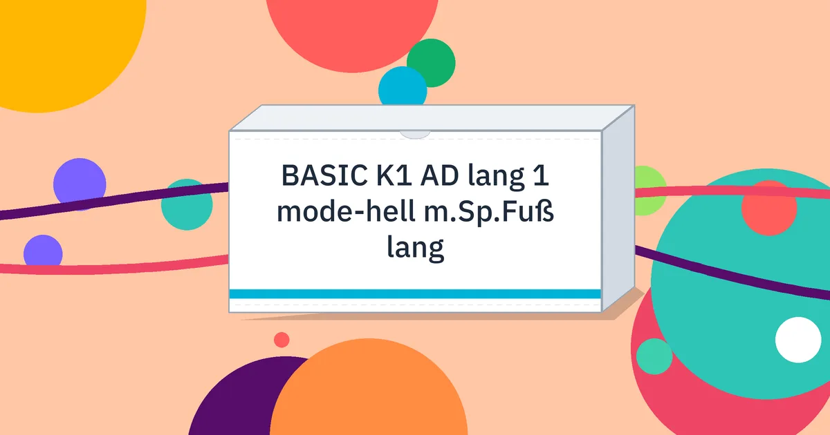 Symbolbild: Packung mit der Aufschrift BASIC K1 AD lang 1 mode-hell m.Sp.Fuß lang (PZN 20256960) – Verfügbarkeit und Bezug in Apotheken in Frankfurt am Main