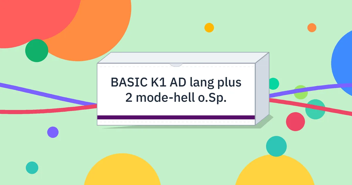 Symbolbild: Packung mit der Aufschrift BASIC K1 AD lang plus 2 mode-hell o.Sp. (PZN 20257505) – Verfügbarkeit und Bezug in Apotheken in Frankfurt am Main