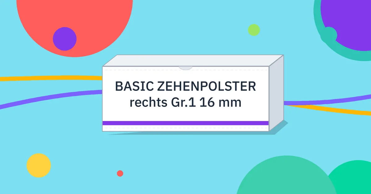 Symbolbild: Packung mit der Aufschrift BASIC ZEHENPOLSTER rechts Gr.1 16 mm (PZN 15380801) – Verfügbarkeit und Bezug in Apotheken in Frankfurt am Main