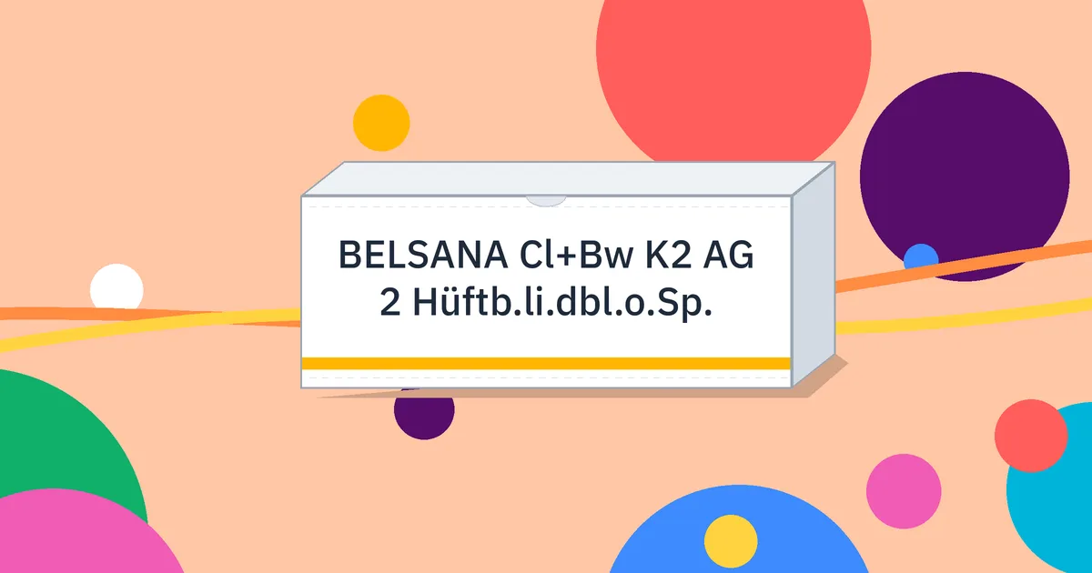 Symbolbild: Packung mit der Aufschrift BELSANA Cl+Bw K2 AG 2 Hüftb.li.dbl.o.Sp. (PZN 15628187) – Verfügbarkeit und Bezug in Apotheken in Frankfurt am Main
