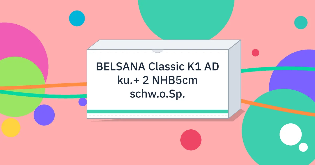 Symbolbild: Packung mit der Aufschrift BELSANA Classic K1 AD ku.+ 2 NHB5cm schw.o.Sp. (PZN 19254766) – Verfügbarkeit und Bezug in Apotheken in Frankfurt am Main