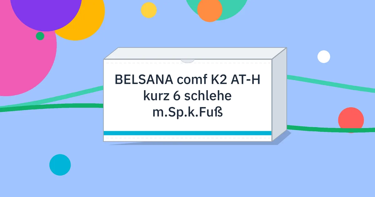 Symbolbild: Packung mit der Aufschrift BELSANA comf K2 AT-H kurz 6 schlehe m.Sp.k.Fuß (PZN 12331943) – Verfügbarkeit und Bezug in Apotheken in Frankfurt am Main