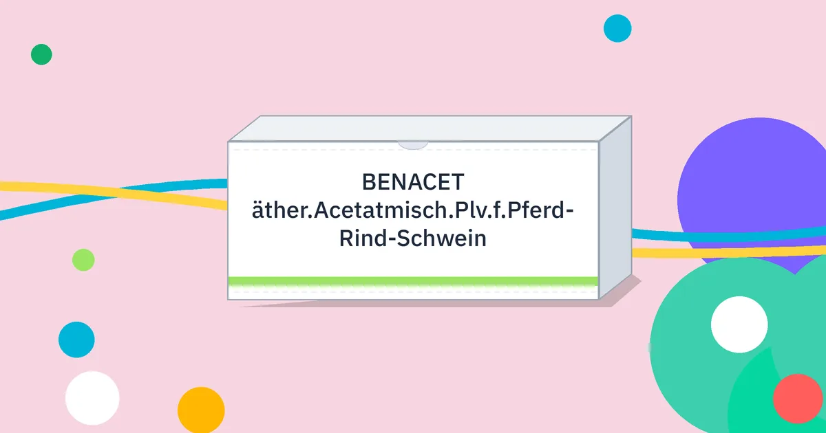 Symbolbild: Packung mit der Aufschrift BENACET äther.Acetatmisch.Plv.f.Pferd-Rind-Schwein (PZN 01316863) – Verfügbarkeit und Bezug in Apotheken in Frankfurt am Main